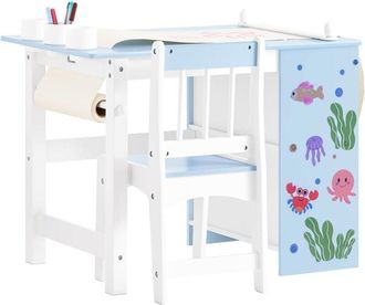 SoBuy Sobuy - Ensemble Table et Chaise pour Enfants Set de 2 Pièces avec Autocollants diy Bureau pour Enfants avec 3 Porte-Crayons Bleu et Blanc KMB60-B