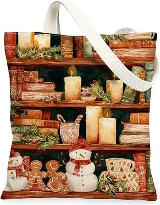 Generic Sacs fourre-tout en toile de No&euml;l, motif bonhomme de neige festif en pain d&eacute;pices, sacs r&eacute;utilisables, rustiques, l&eacute;gers, lavables avec bandouli&egrave;re po