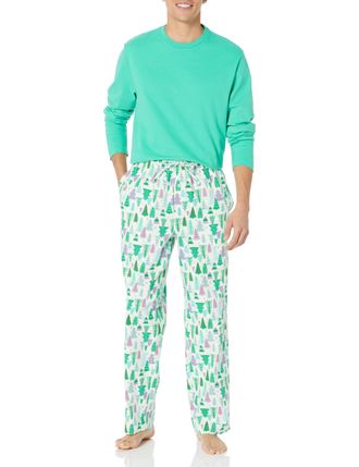 Amazon Essentials Herren Flanellhose und langärmeliges T-Shirt als Pyjama-Set, Ecru Weihnachtsbaum, XS