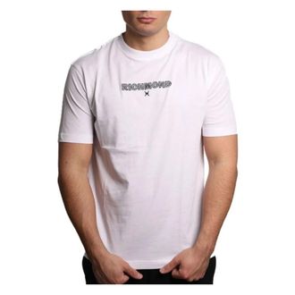 John Richmond Homme, Tops, Rose, Taille: 2XL T-shirt Blanc en Coton &agrave; Col Rond C&ocirc;tel&eacute; Brod&eacute;