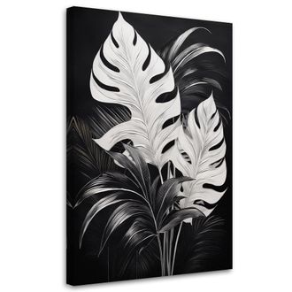Feeby Wandbilder - Bilder Schlafzimmer - Monstera verlässt Black White Loft - 40x60 1tlg - Wohnzimmer Bild Groß - Wohnungs - Foto Geschenk - Leinwand Wall A