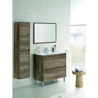 Dmora Meuble de comptoir Djuwar, Meuble suspendu à 2 tiroirs, Meuble de salle de bain avec miroir, Lavabo non inclus, 80x45h80 cm, Chêne - Dmora