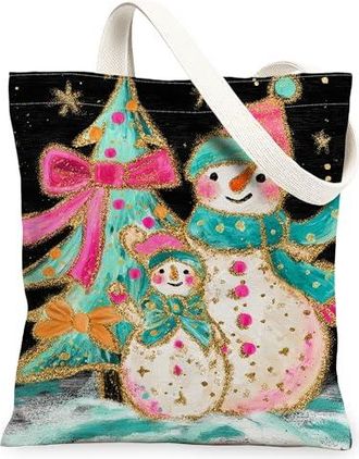 Generic Sacs fourre-tout en toile motif bonhomme de neige de No&euml;l, sacs d&eacute;picerie r&eacute;utilisables, l&eacute;gers et lavables, multicolore, 13x15 Inch