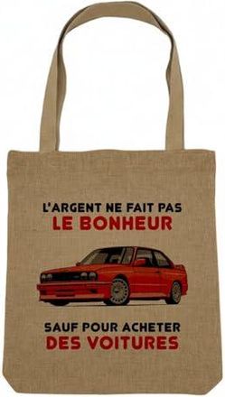 Fabulous Sac Shopping Tote Bag Aspect Lin - Voiture - Largent ne Fait Pas le Bonheur Sac de Courses Toile Epaisse 360g Beige Naturel Cabas Port&eacute; Epaule Solide 