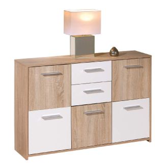 Dmora Sideboard mit f&uuml;nf T&uuml;ren und zwei Schubladen im Mittelteil, Farbe Wei&szlig; und Eiche, Ma&szlig;e 115 x 77 x 30 cm