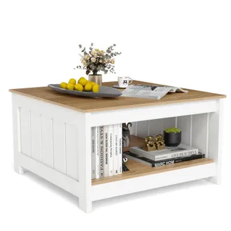 Costway Costway - Table Basse, Table Carr&eacute;e avec &Eacute;tag&egrave;re de Rangement, Table Centrale Rustique de Style Fermier, Mobilier de Salon Peu Encombrant pour la