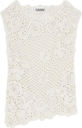 Ganni Femme, Tops, Blanc, Taille: 38 FR Top sans manches en maille crochet fleurie