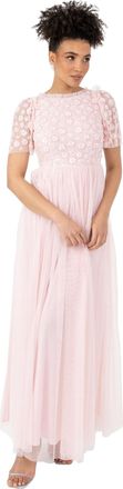 Maya Damen Womens Ladies Maxi Dress Round Neck Short Sleeve 3D Floral Embellished Tulle Ruffle A-line Bridesmaid Wedding Guest Kleid, Crystal Pink, 42 EU