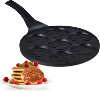 Relaxdays Pancake Pfanne mit Gesichtern, 7 Mulden, Ø je 8 cm, induktionsgeeignet, Aluminium, Pfannkuchenpfanne, schwarz