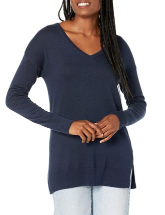 Amazon Essentials Damen Leichter Tunika-Pullover Mit Langen Ärmeln Und V-Ausschnitt (Erhältlich In Übergröße), Marineblau, XXL