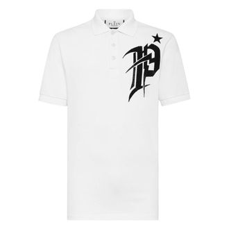 Philipp Plein Homme, Tops, Blanc, Taille: 2XL Polo Slim Fit SS Gothic Plein avec Cristaux