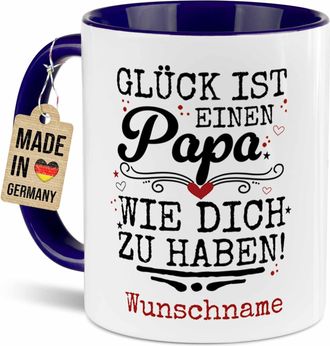 Tassendruck Personalisierte Tasse mit Name - Glück ist einen Papa wie dich zu haben - Geschenk zum Vatertag, Geburtstag - Keramik, 300 ml, Innen & Henkel Dunkelbl
