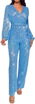 Generic Combinaison &agrave; paillettes &agrave; manches longues et col en V - Combinaisons pour femmes - Combinaison &eacute;l&eacute;gante pour femme - Pantalon long droit large avec p