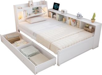 Liberte Lit simple, T&ecirc;te de lit avec compartiment de rangement 2 lampes, avec port de charge, Armoire lat&eacute;rale et tiroirs, Blanc, 90x200 cm