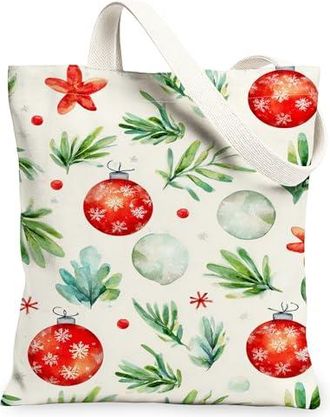 Generic Sacs fourre-tout en toile &agrave; motif floral de No&euml;l, sacs d&eacute;picerie r&eacute;utilisables, l&eacute;gers et lavables avec bandouli&egrave;re en toile pour O, Rouge, 13x15 Inch