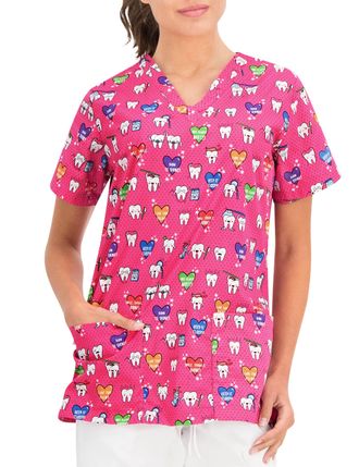 B-Well Bambina Schlupfkasack Damen Kasack Kurzarm V-Ausschnitt Kasacks Damen Pflege Motiv (gl&uuml;ckliche Z&auml;hne, 3XL)