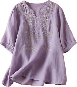 Generic Chemises en lin pour femme - Broderie britannique - Manches 3/4 - Col en V - Manches courtes - D&eacute;contract&eacute; - Tendance - Chemisier boh&egrave;me, violet, XXL