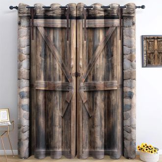 Generic Vorhang Verdunkelung Alte Verfallene TüR dekorative Vorhänge H215 x B110 cm (2er Pack) Braun Schlafzimmervorhänge Muster Gardinen Mit Ösen geeignet fü