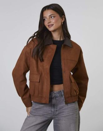 South Beach Bomberjacke aus Wildlederimitat in Hellbraun mit Kunstleder-Details-Neutral