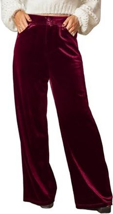 Cupshe Pantalon Palazzo en velours pour femme - Jambe large - Taille haute - Style d&eacute;contract&eacute; - Avec poches, bordeaux, L