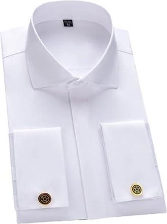Generic Chemise à manches longues pour homme avec boutons de manchette recouverts de boutons de manchette, blanc, 3XL