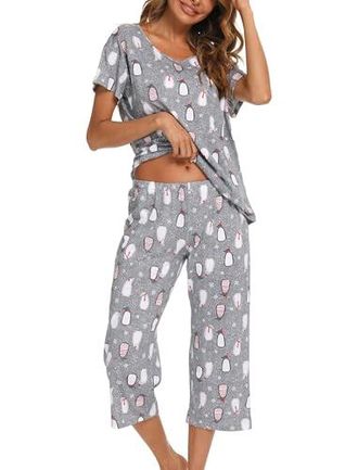 Mia Lucce Pyjama Femme &Eacute;t&eacute; Coton Manche Courte Ensemble Femme Ete avec T - Shirt &agrave; Manches Courtes et Capri 2 Pi&egrave;ces, S-XXXL