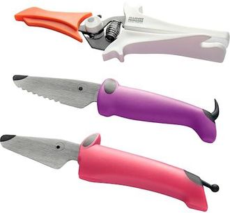 Kuhn Rikon kinderkitchen couteaux Set, 1x chien avec dents violet et 1x chien sans dents fuchsia et 1x ciseaux avec prot&egrave;ge-lame blanc, couteau pour enfants &agrave; pa