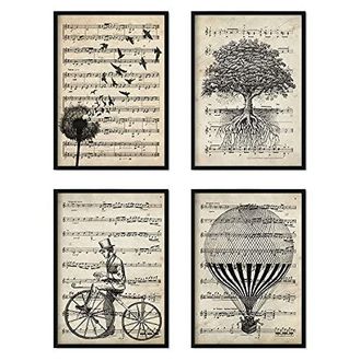 Nacnic Set 4 Posters avec partitions de Musique. Pissenlit, Arbre de vie, V&eacute;lo, Ballon pour Murale de Style Vintage. Affiches con&ccedil;ues pour Votre Maison, Maga