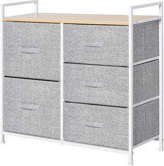 HOMCOM Schubladenschrank, Aufbewahrungsschrank, Stoffkommode mit 5 Stoffschubladen, Stoff+ Holz +Metallrahmen, Grau, 83 x 29 x 77 cm