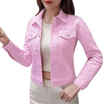 Generic Vestes pour femmes 2026 en denim d&eacute;contract&eacute; avec boutons &agrave; revers solide veste cardigan jeans manteau tendance, rose, S