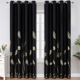 Generic Goldene Bl&auml;tter Gardinen Blackout Vorh&auml;nge Wohnzimmer H 175 x B 140 cm Thermovorhang K&auml;lteschutz, Verdunklungsvorh&auml;nge Raumteiler mit &Ouml;sen Schwarzer H