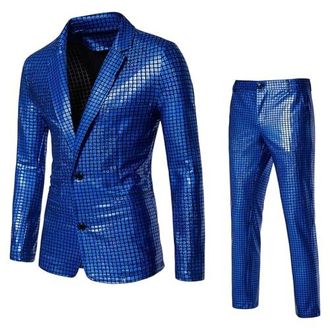 Generic Costume disco des ann&eacute;es 70 pour homme - 2 pi&egrave;ces - Veste &agrave; paillettes - Coupe r&eacute;guli&egrave;re - Brillant - Pour f&ecirc;te, bal de fin dann&eacute;e, bleu, 3XL