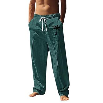 Generic Pantalon de plage pour homme - Taille &eacute;lastique - Style d&eacute;contract&eacute; - Imprim&eacute; cocotier - En lin - L&eacute;ger - Cordon de serrage - Jambe droite - Pantalon 