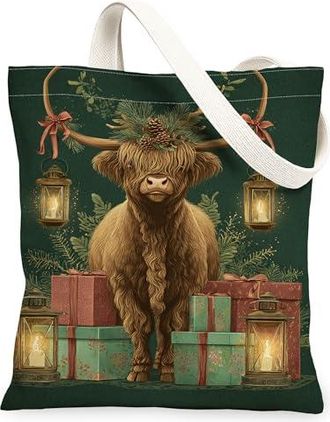 Generic Sacs fourre-tout en toile de vache de No&euml;l, motif animal rustique, sacs d&eacute;picerie r&eacute;utilisables, vintage l&eacute;gers et lavables en toile pour ext&eacute;rieur, v