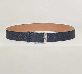 Reptiles House Iside Schnalle und Gürtel aus Krokodilgeprägtes Leder 40mm - Mitternachtsblau