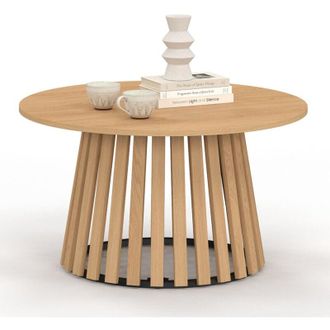 IDMarket Table basse ronde CARMEN 70 cm pied bois en lattes et plateau bois