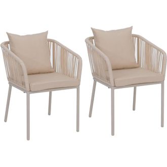 Hhg 2er-Set Gartenstuhl HHG-616, Outdoor Armlehne, wetterfest Aluminium Seilgeflecht Rope creme, Kissen creme