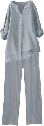 Generic Ensemble uni pour femme - Tendance - D&eacute;contract&eacute; - Coton et lin - Chemise &agrave; manches longues et pantalon long &agrave; nouer - Costume Jack, gris, 3XL