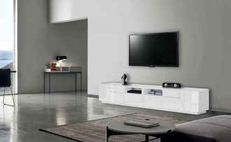 Dmora Meuble TV Gregorio, Buffet Bas de Salon avec 4 Portes, Base pour Meuble TV, 100% Made in Italy, 260x43h46 cm, Blanc Brillant