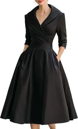 Generic Robe midi &eacute;l&eacute;gante &agrave; col en V pour femme - Manches longues - Robe de soir&eacute;e formelle fronc&eacute;e avec poches, Noir, XXL
