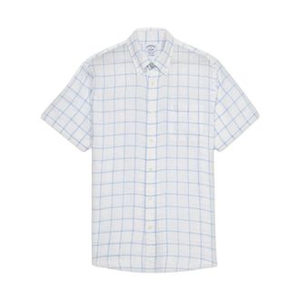 Brooks Brothers Homme, Chemises, Blanc, Taille: S Chemise Sport &agrave; Carreaux en Lin Blanc avec Col Boutonn&eacute;