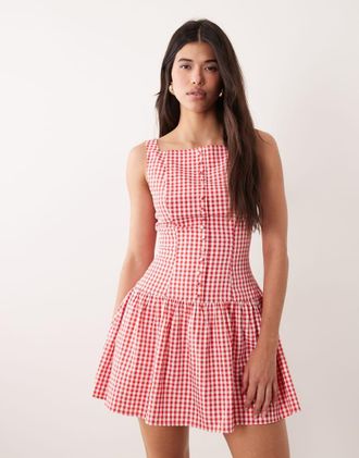 KAIIA Exklusives Minikleid in Rot mit Vichy-Karomuster, hohem, eckigem Ausschnitt und Knopfleiste-Bunt