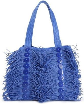 Caf&egrave;noir Sac De Courses En Raphia Avec Franges Et Boutons D&eacute;coratifs, Pour Femme, Couleur Bleu, Taille Taille Unique