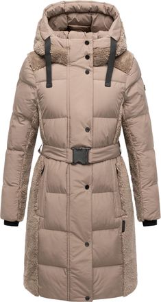 Navahoo Damen Winter Steppmantel warmer Pl&uuml;schmantel mit Tailleng&uuml;rtel in Material-Mix mit Teddyfell Funkelteddy 14 Taupe Grey Gr. M