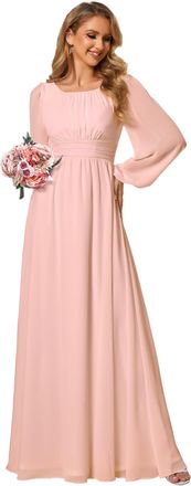 Ever-pretty Abendkleider Elegantes Damen F&uuml;r Hochzeit Lang Langarm Brautjungfernkleid Chiffon V-Ausschnitt Ballkleider Rosa 46
