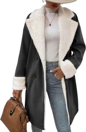 Minetom Femme Manteau Long Hiver Manches Longues Chaud Polaire Peluche Trench Coat &Eacute;l&eacute;gant Revers Veste avec Boutons A Gris XXL
