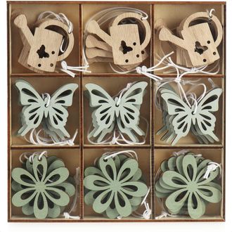 Com-Four 36x Dekoaufh&auml;nger Ostern - Osterschmuck aus Holz zum Aufh&auml;ngen - Holzaufh&auml;nger f&uuml;r den Osterstrauch - Schmetterling, Blume und Gie&szlig;kanne (36 St&uuml;ck - w