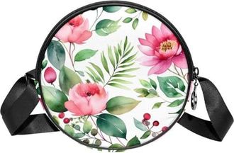 Generic Petit sac &agrave; bandouli&egrave;re circulaire pour femme, motif feuilles florales, sac &agrave; dos avec fermeture &eacute;clair, bretelles r&eacute;glables, sac &agrave; main rond d&eacute;contra