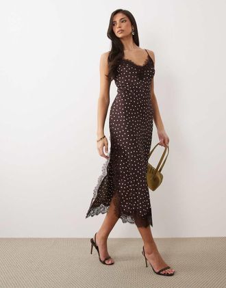 Forever New Midikleid aus Satin in Braun gepunktet mit Spitzenbesatz