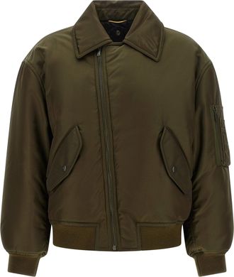 Saint Laurent Removable Shearling Collar Bomber Jacket - Olive